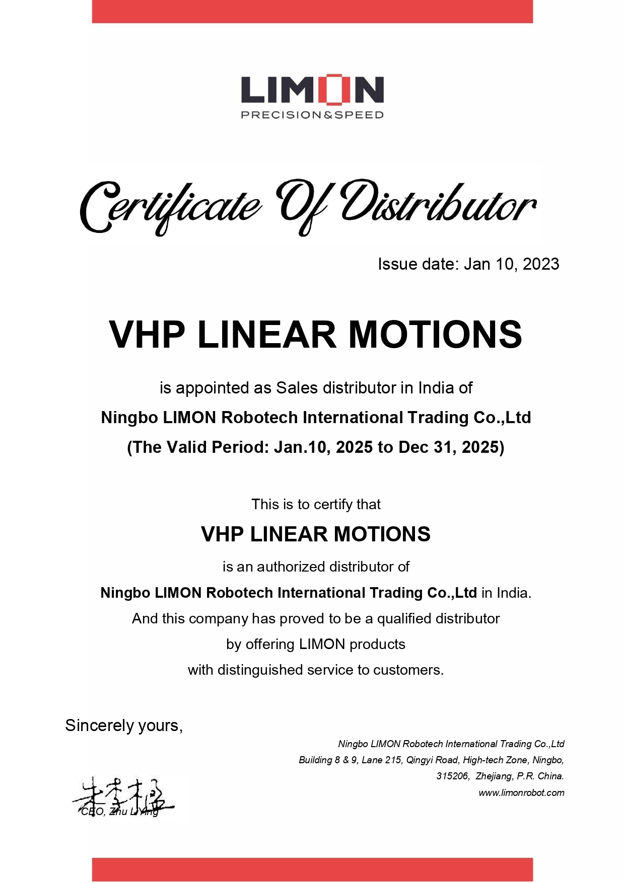 Certificate – VHP Linear Motions